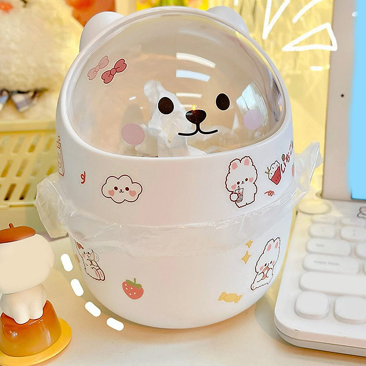 YoBuyBuy Desktop with Lid Trash Can Mini Kawaii Cute Bear Trash Bin Storage Box Girl Pen Holder Storage Bucket with Top, White