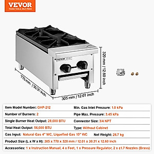 VEVOR Commercial Gas Stove with 2 Burners, Propane and Natural Gas Countertop Cooking Stove Range, Stainless Steel Gas Hot Plate, Commercial Cooking Equipment for Restaurant, 56,000 BTU