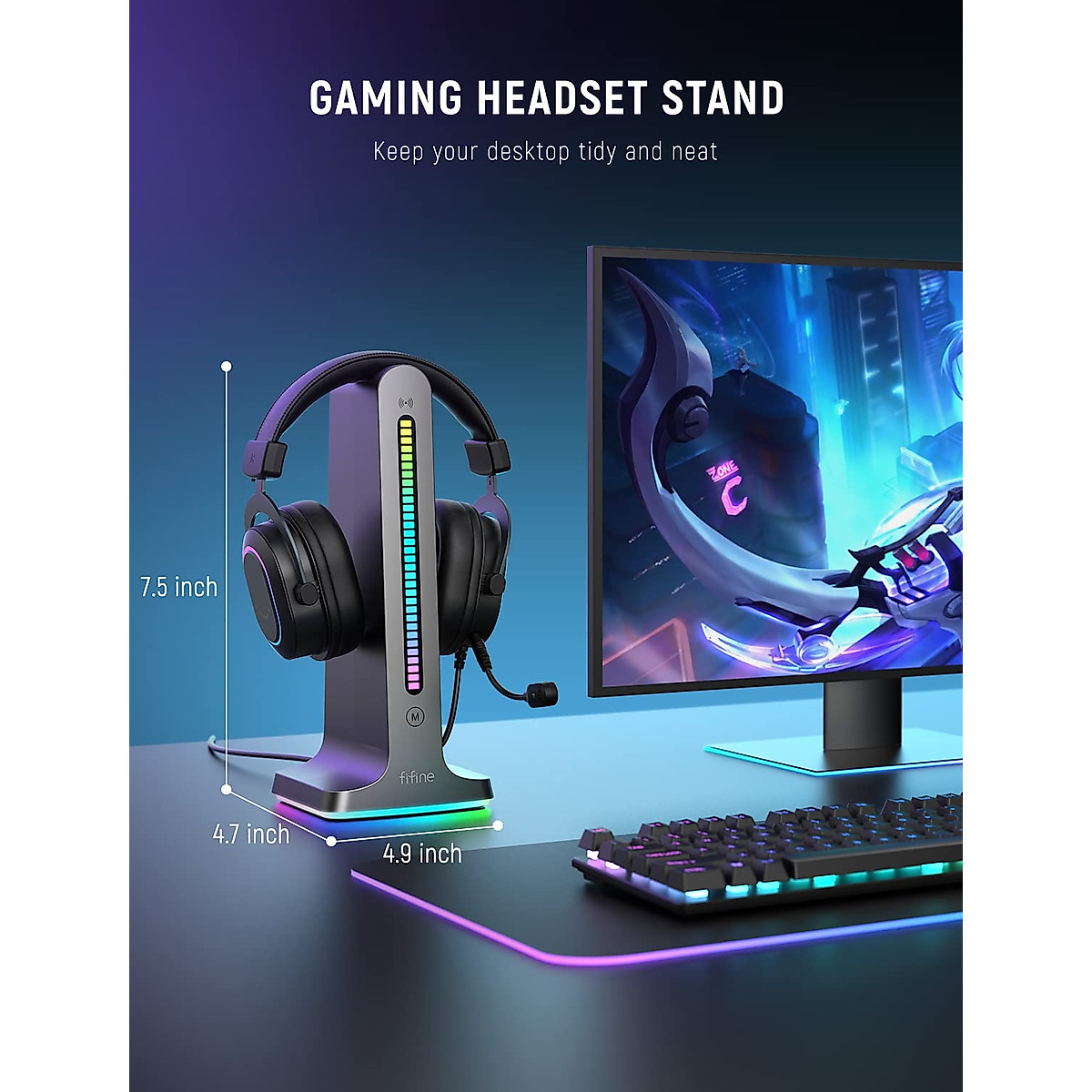 FIFINE Gaming Headset Stand-RGB Headphones Stand Holder PC Computer Desktop Accessories with 2 USB Ports for Gamer, with Solid Base, Sound Light Sync, Light Control Keys-AmpliGame S3