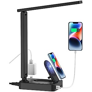 Drevet LED Desk Lamp with Wireless Charger, Desk Table Light with USB Charging Port and 2 Outlets, 3 Lighting Modes, 3 Level Brightness, 1H Timer, Touch Control, Eye-Caring Home Office Foldable Lamp