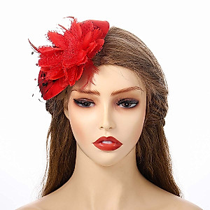 Vintage Fascinators Hats 50s Flower Feather Dress Hat Tea Party Cocktail Veil Pillbox Headwear with Clips for Women (Red)