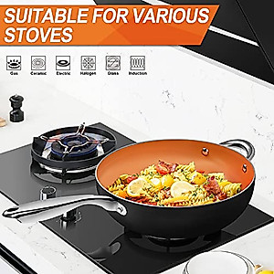 Michelangelo 5 Quart Nonstick Wok Set with Lid, Deep Frying Basket, and Roasting Steaming Rack, Aluminum, Includes All Stovetops Compatible, Non Stick