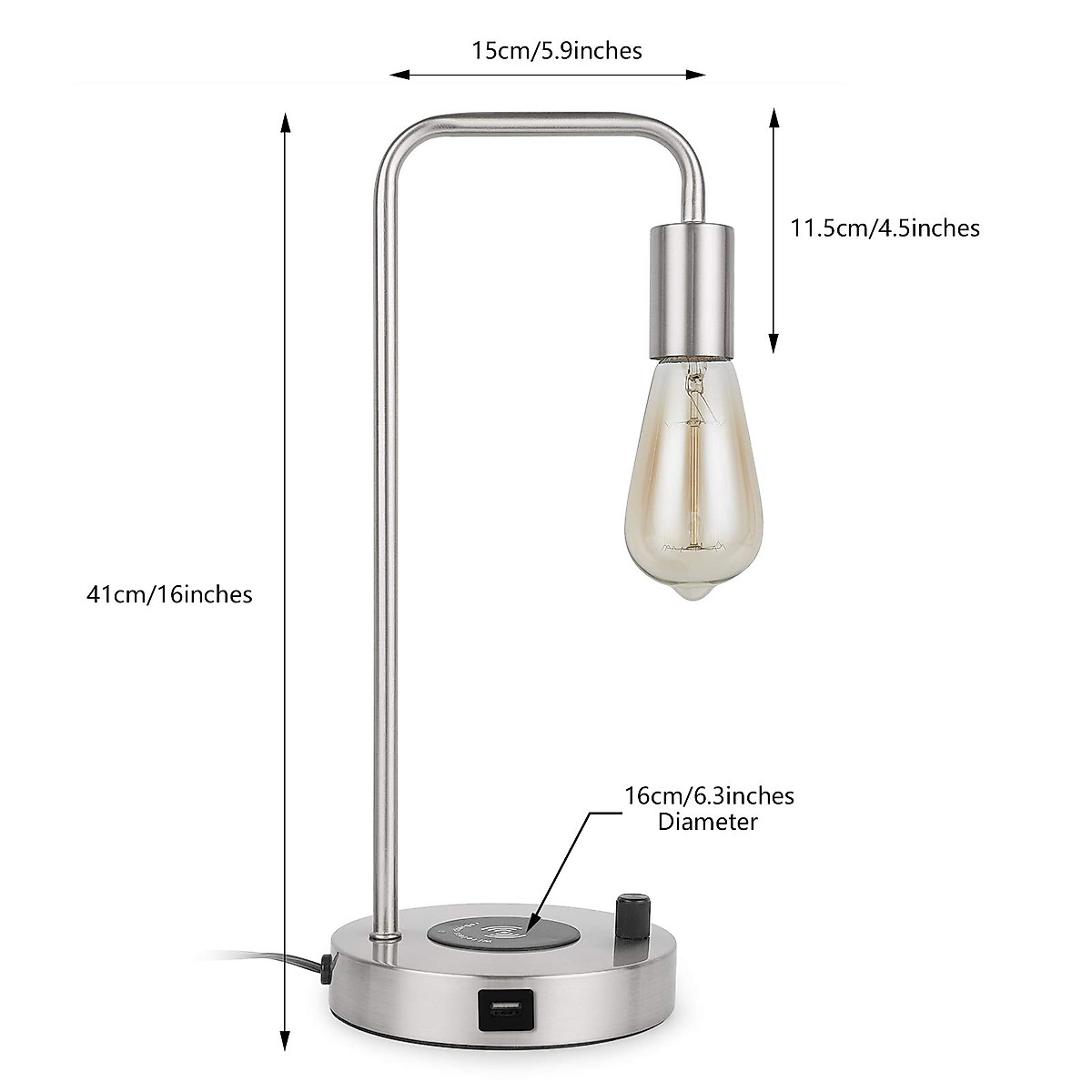 JS NOVA JUNS USB Desk Lamp – Table Lamp with Wireless Charging Pad and USB Port, Edison Bedside Nightstand Lamp with Metal Base for Guestroom Bedroom Living Room Office, Satin Nickel
