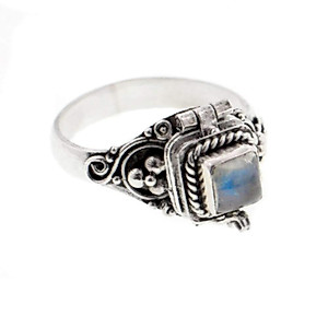 Square Sterling Silver Rainbow Moonstone Poison Box Locket Ring Size 9(Sizes 4,5,6,7,8,9,10,11)