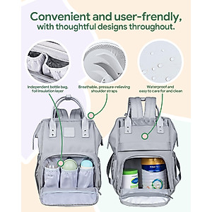 AUYRE Diaper Bag Backpack Large Diaper Bag Travel Backpack with Insulated Pockets & Stroller Straps Baby Shower Gifts Large Capacity, Waterproof, Grey