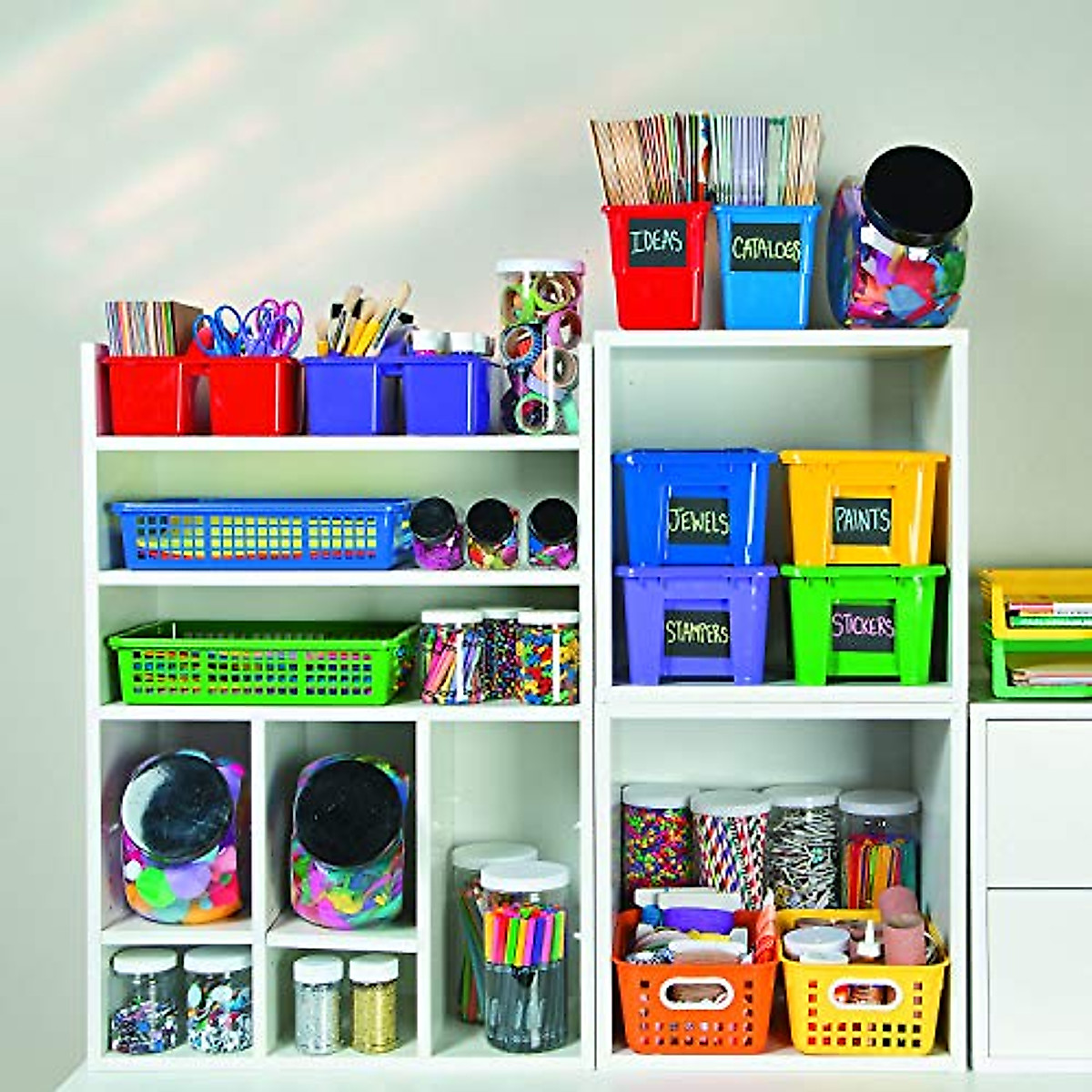 Plastic Organization Storage Baskets for Kids - Set of 6 Bins with Handles - Classroom Teacher and Supplies - Basket Size - 13" x 9 3/4" x 3"