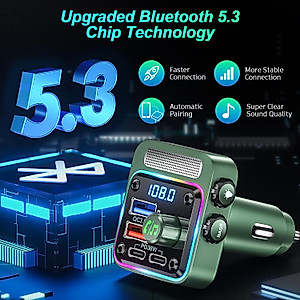 Bluetooth 5.3 FM Transmitter Car Adapter - SONRU Car Charger 54W [PD 36W & QC3.0 18W], Wireless FM Radio Transmitter [HiFi Treble & Bass Player], 5 Colors LED Backlit, Hands-Free Calling, U-Disk