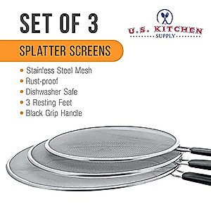 U.S. Kitchen Supply 13", 11.5", 9.5" Stainless Steel Fine Mesh Splatter Screen with Resting Feet Set, Black Handles