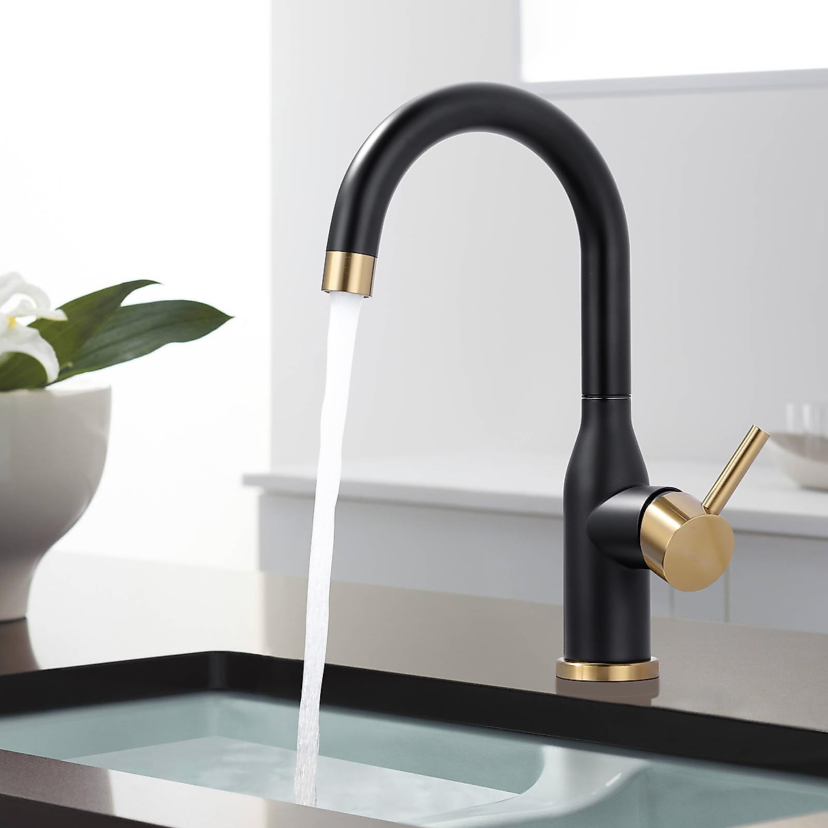 WOWOW Bar Sink Faucet Black and Gold Modern Single Handle Bar Faucet 1 Hole Small Kitchen Sink Faucet 360 Swivel RV Sink Faucet Mini Bar Tap with Water Supply Hoses