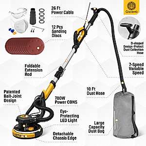 Electric Drywall Sander with Vacuum, 6.5-amp, Auto Dust Absorption, 7 Variable Speed 900-1800RPM, Dustless Floor Sander with 26’ Power Cord for Popcorn Ceiling, Wood Floor etc