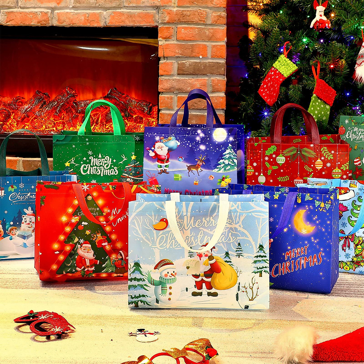 36 Pcs Christmas Tote Bags Reusable Gift Bag Large Christmas Bags with Handles Grocery Shopping Totes Gift Wrap Bags for Holiday Xmas Christmas Party Favors, 12.6'' x 9.84'' x 6.69'', 18 Styles