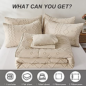 Khaki Tufted Comforter Set Queen with Sheets,7 Pieces Bed in a Bag Boho Comforter Shabby Chic Geometry Embroidery Bedding Set Soft Microfiber Farmhouse Comforter (Queen 90×90 inches)