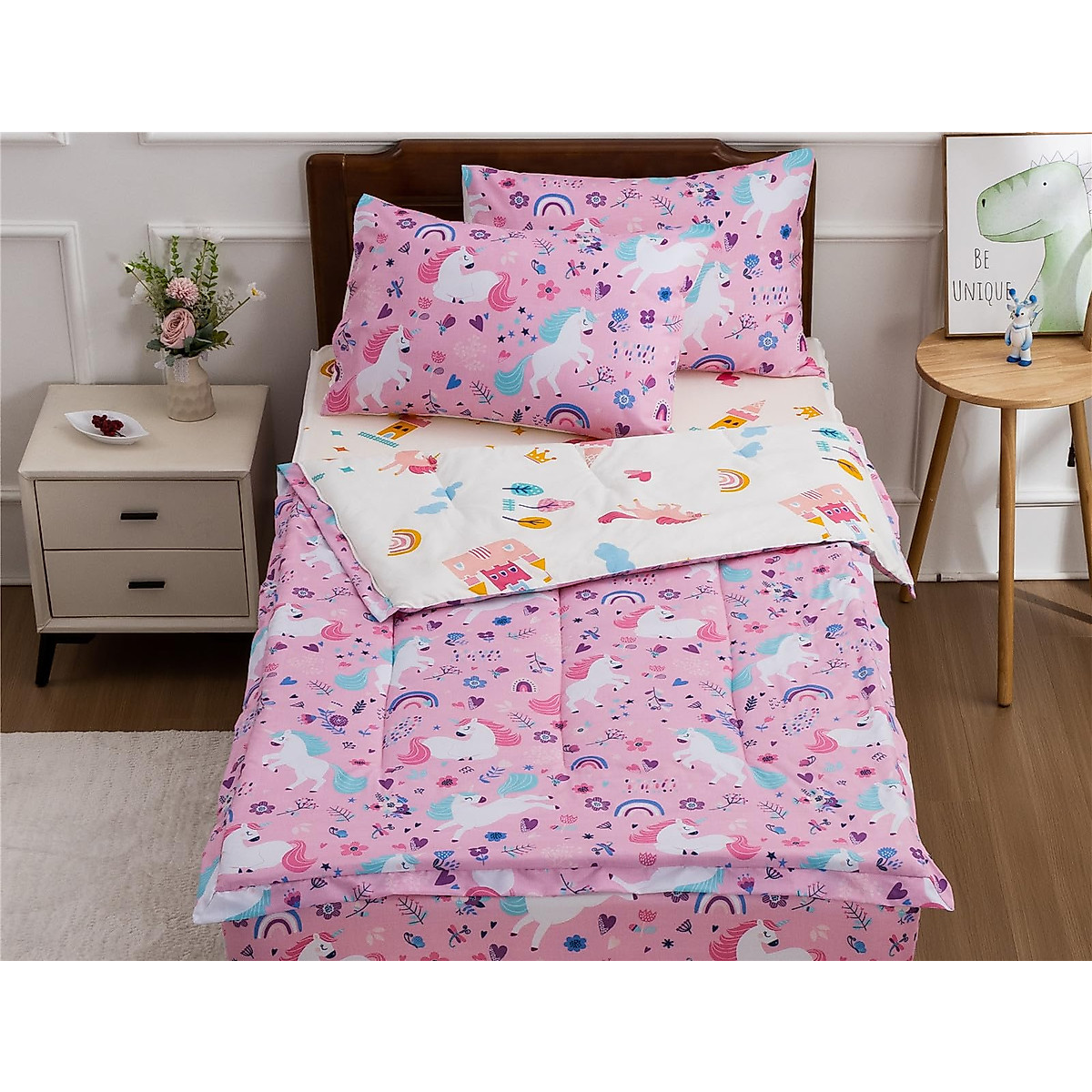 Meeting Story 3pcs Kids Comforter Sets Zipper Bedding Set for Girls,Twin Kid Bedding Set Rainbow Comforter Unicorn Bedding Set for Kid,All in one Zipper Bedding(Pink，Twin