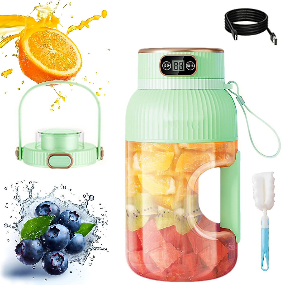 Ovidian Juicer Cup, The Ovidian Portable Juicer, Multifunctional Portable Juicer Cup With Digital Display, Juice Cup Blender, Portable Blender Usb Rechargeable (Green,One cup double lid)