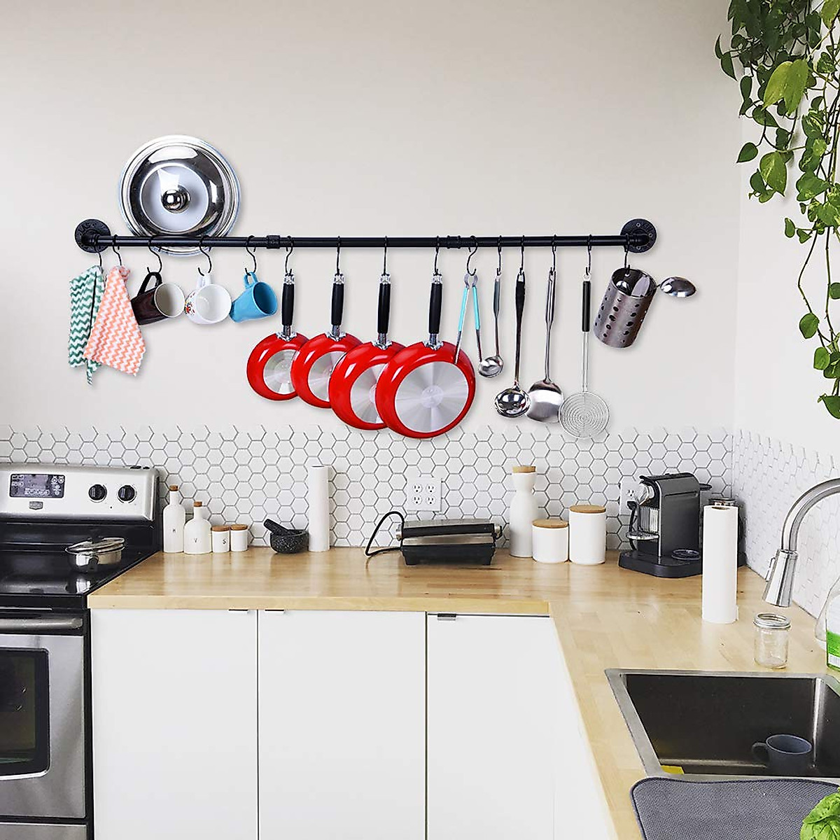 WuGeShop 50.4 Inch Pot Bar Rack with 15 Hooks, Pipe Pot Rack Wall Mounted Hanging Pan Organizer, Multipurpose Industrial Rail Kitchen Lids Utensils Hangers