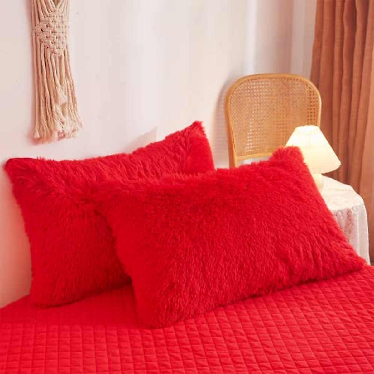 HAIHUA Fluffy red Comforter Cover Set Queen，Faux Fur red Bedding 3 Pieces(1 Plush Queen Duvet Cover +2 Faux Fur Pillowcases) Faux Fur red Bed Set (red, Queen)