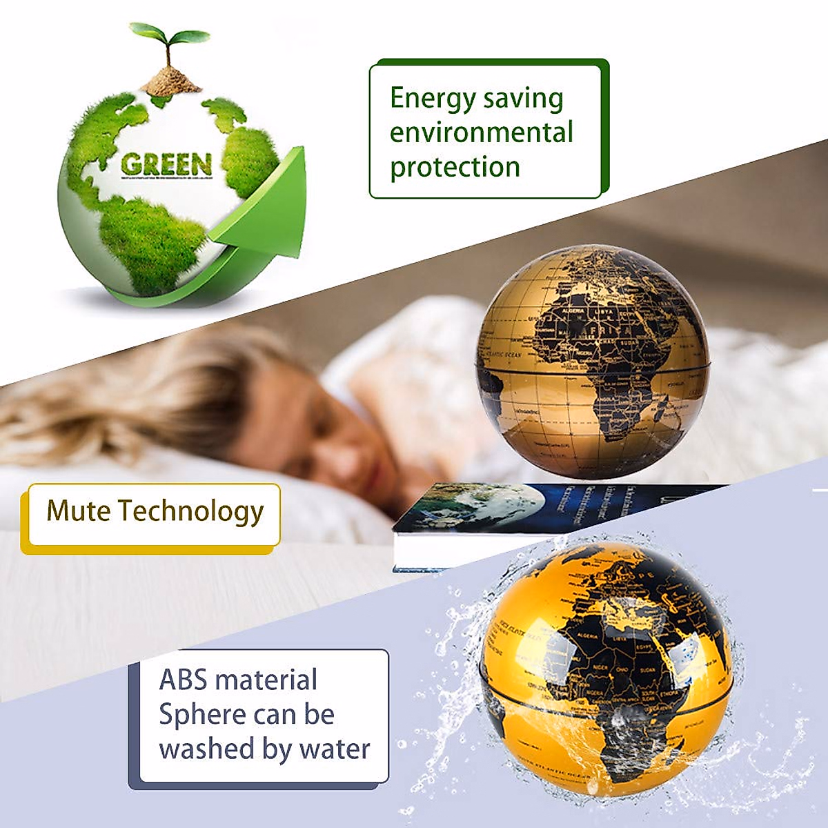 Fashion World Geographic Globes, Magnetic Floating Auto-Rotation Rotating 6" Gold Globe,with Book Style Platform.