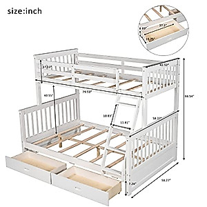 TRIPLE TREE Twin Over Full Bunk Bed with Ladder, Two Storage Drawers and Safety Guardrails, Solid Wood Bunk Beds Wooden Bed Frame for Teens, Adults, Can be Separate into 2 Single Beds, White