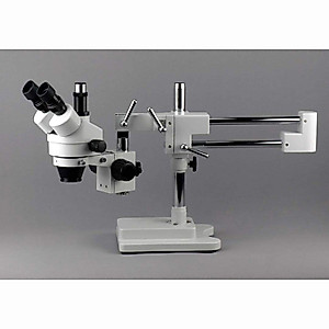 AmScope SM-4TPY Professional Trinocular Stereo Zoom Microscope with Simultaneous Focus Control, WH10x Eyepieces, 7X-90X Magnification, 0.7X-4.5X Zoom Objective, Ambient Lighting, Double-Arm Boom Stand, Includes 2.0X Barlow Lens