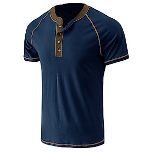 Fashion Men’s Henley Shirts Casual Cotton Short Sleeve Classic Solid Color T Shirts Comfort Tee Top Blue