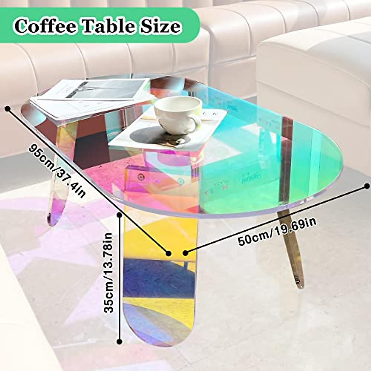 Nalwort Acrylic Coffee Table, Colorful Round Side Table, Iridescent Clear End Table for Living Room Bedroom, 37.4" L x 19.7" W x 13.8" H