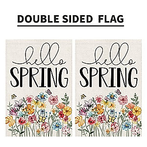 Hello Spring Floral Garden Flag 12x18 Inch Double Sided Burlap Outside, Flower Seasonal Sign Small Farmhouse Yard Outdoor Decoration DF235