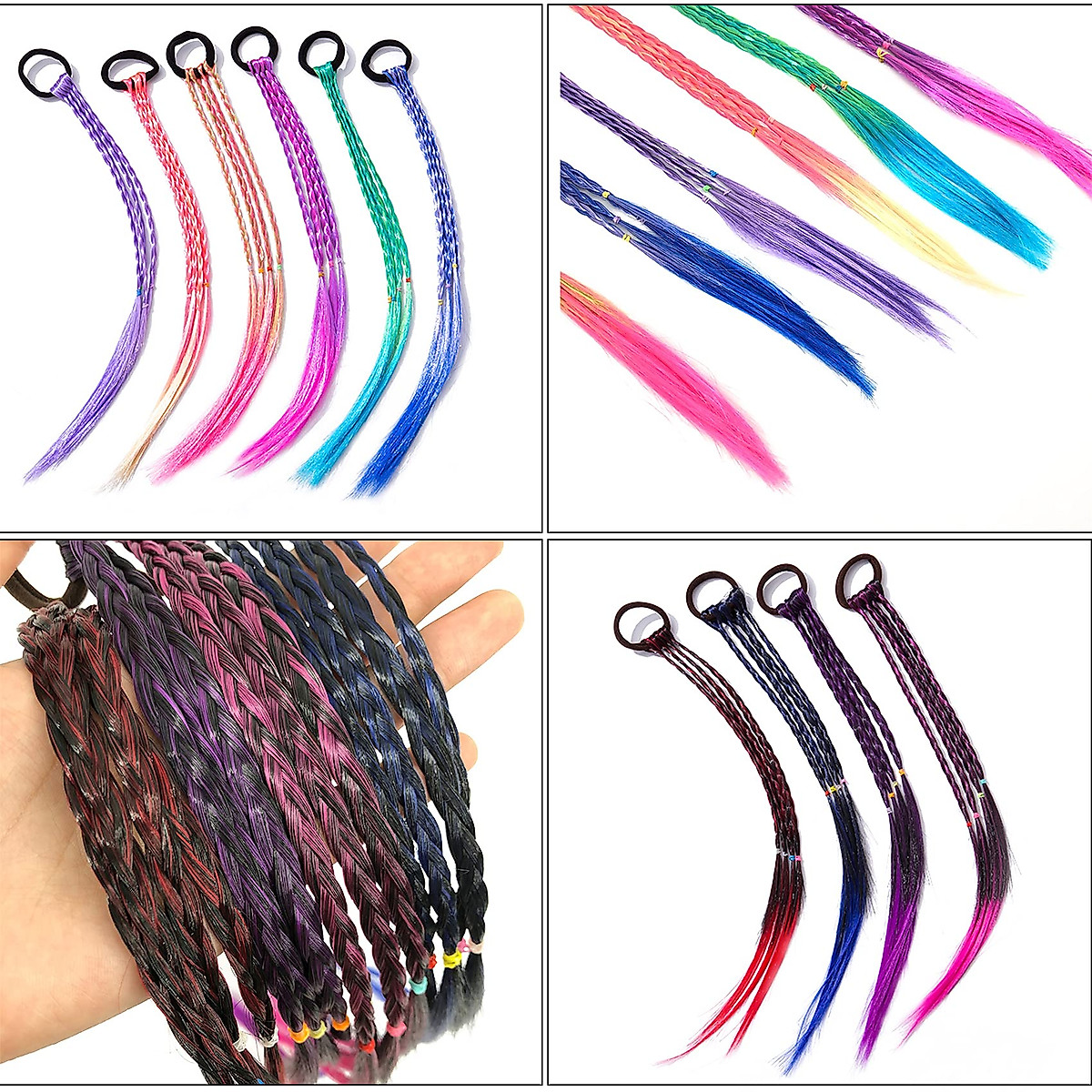 12 Pieces Colored Braids Hair Extensions with Rubber Bands Rainbow Braided Synthetic Hairpieces Ponytail Hair Accessories for Women Kids Girls Party Highlights Cosplay Dress Up