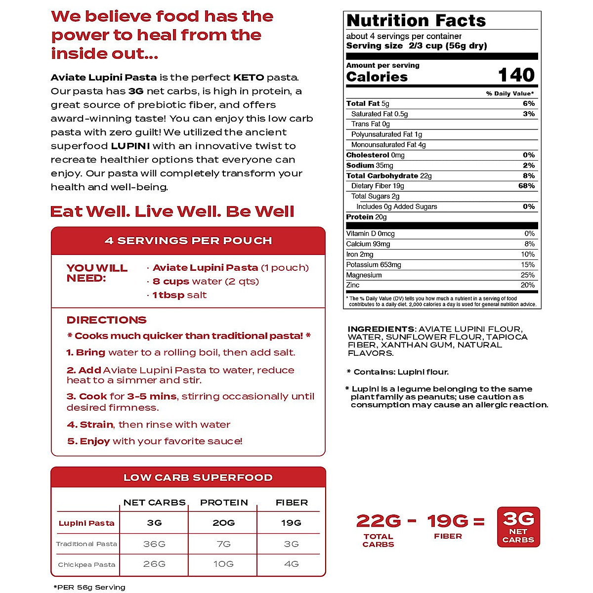 Aviate Keto Pasta Rotini - Low Carb (3g Net) Lupini Noodles, High Protein (20g), Gluten-Free, Made with Lupin Flour, Plant Based Vegan, Keto-friendly, Low Carb - Rotini (8oz) (Pack of 3)