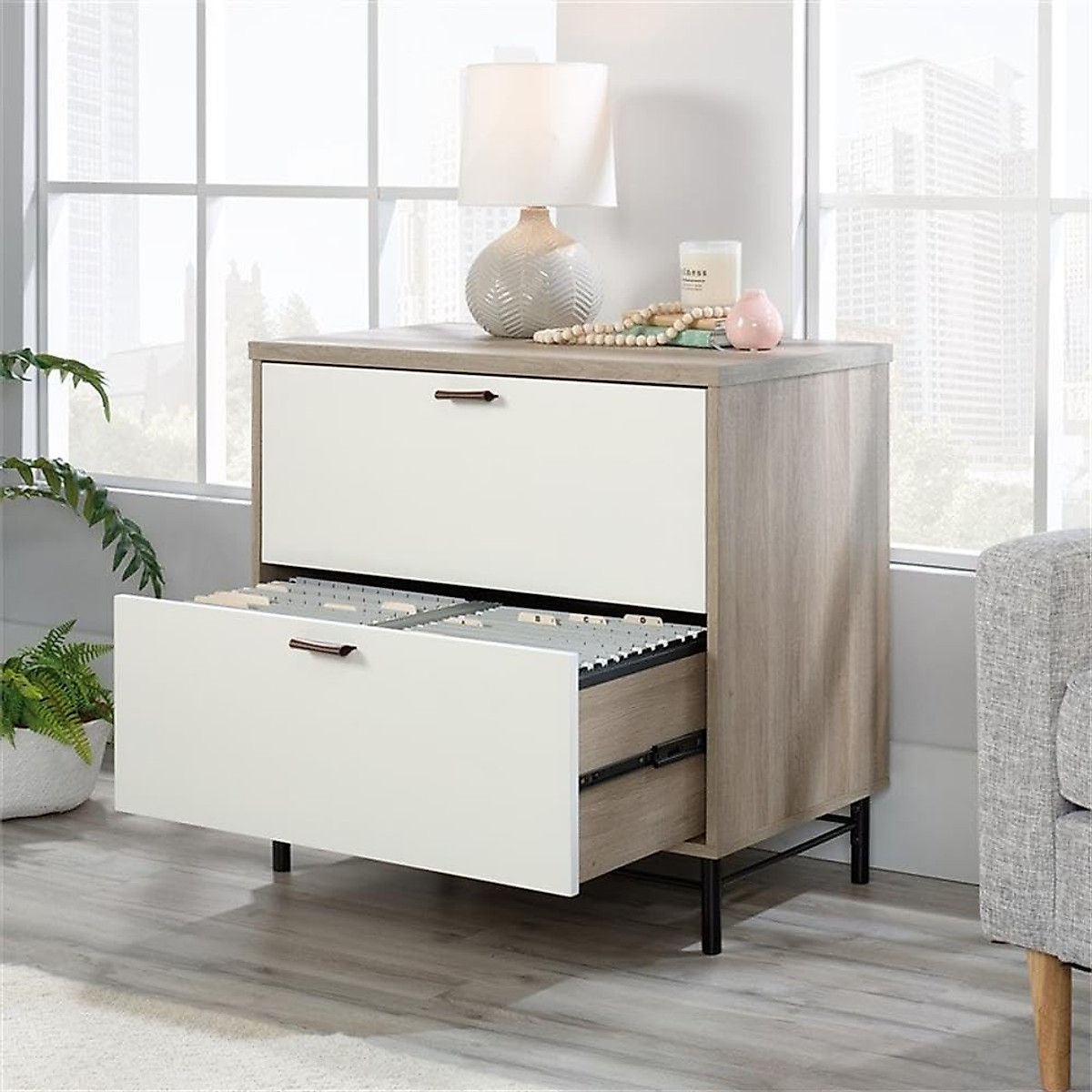 Sauder Anda Norr Wood Lateral File Cabinet with White Accents, Sky Oak Finish