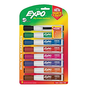 EXPO Magnetic Dry Erase Markers with Eraser, Chisel Tip, Assorted, 8 Count