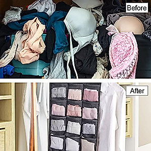 Evealyn Hanging Organizer Underwear Storage Bag 2 Packs, with Mesh Pockets,Rotating Metal Hanger Double Side Socks Underwear Storage Bag 24 Pocket (Gray)