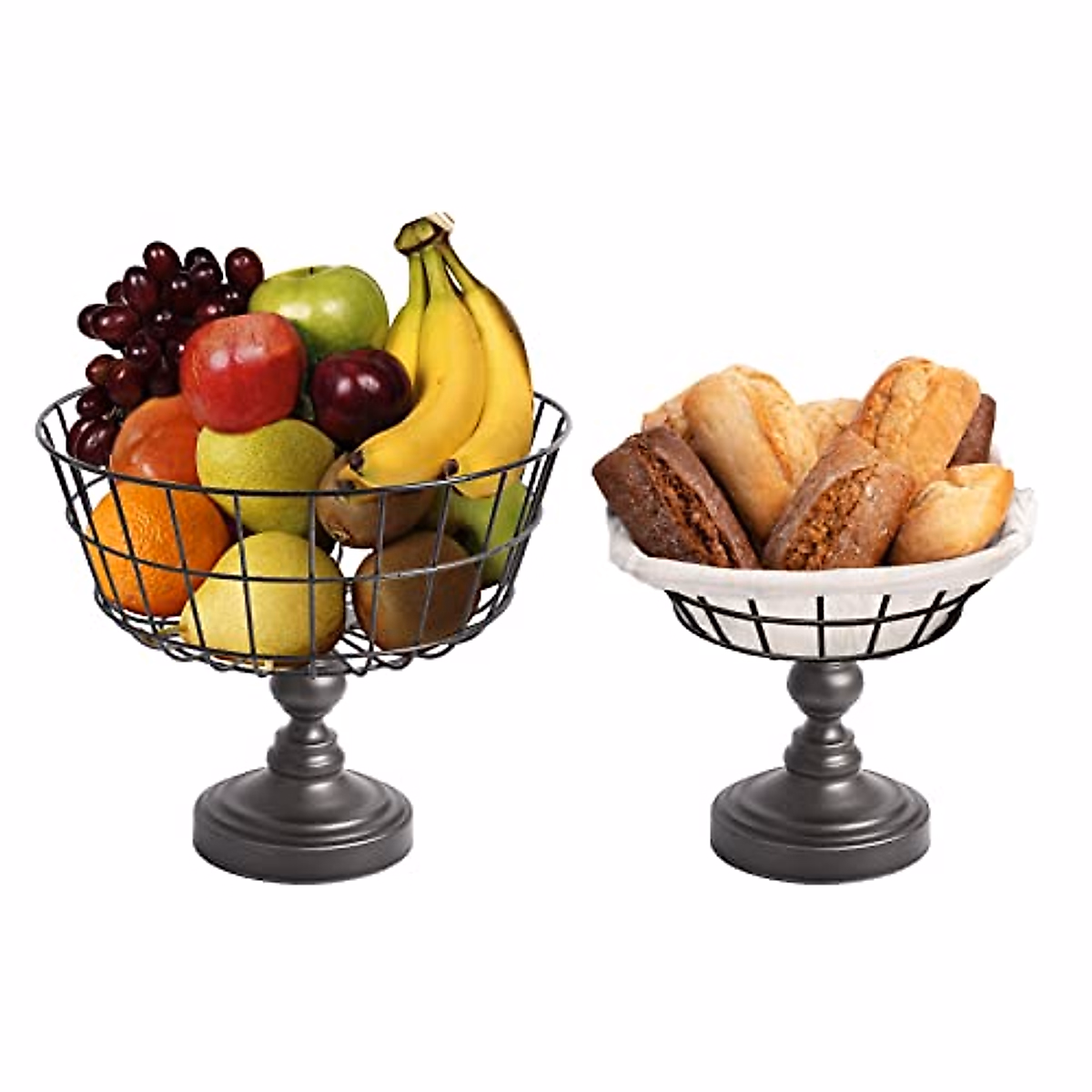 Black Fruit Basket for Kitchen, 2 Pack Metal Fruit Bowl for Kitchen Counter, Decorative Black Wire Baskets with Detachable Non-Slip Pedestal, Fruit Holder for Vegetable Bread Storage (11” & 8.7 “)