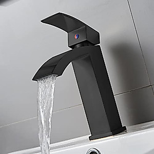 Friho Matte Black Waterfall Bathroom Faucet, Single Handle Black Bathroom Sink Faucet 1 Hole Basin Vanity Sink Faucet with Pop Up Drain and Water Hoses