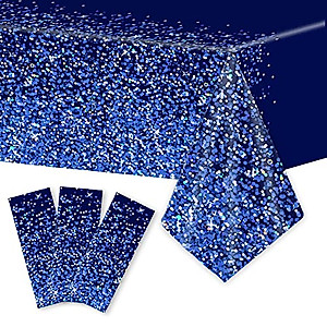 3pcs Blue and Silver Tablecloth for Rectangle Tables Sequin Dot Confetti Table Cover Sparkly Disposable Tablecloths Birthday Decorations Wedding Anniversary Indoor Outdoor Holiday Decor(Plastic)