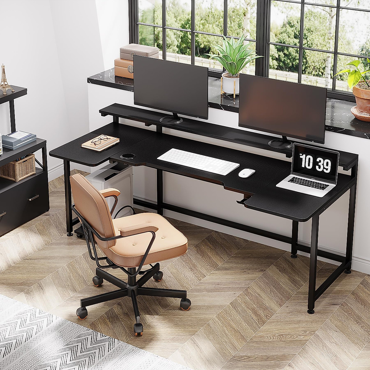 Tribesigns 74.8 Inch Gaming Desk, Extra Long U Shaped Computer Desk with Monitor Stand Shelf and CPU Stand, Black Gamer Desk for Home Office, Gaming