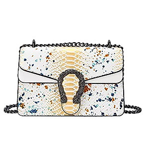 GLOD JORLEE Trendy Chain Crossbody Bags for Women - Luxury Snake-Printed Leather Shoulder Satchel Bag Evening Clutch Purse Handbags (white)