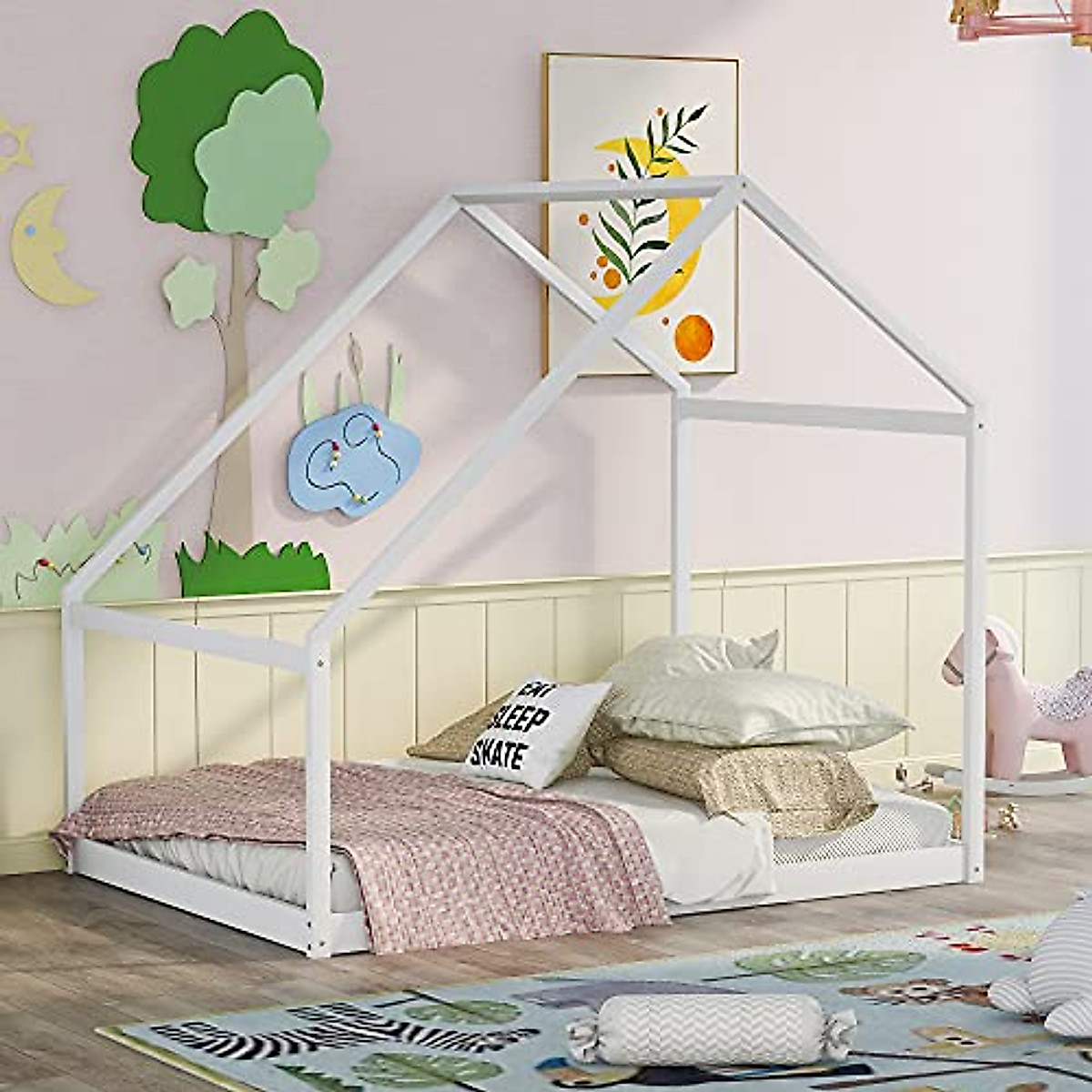Tensun Full Size Wooden House Bed with Roof for Toddlers,Kids,Girls, Boys, Bedroom Children Full Floor Bed Frame,No Box Spring Needed,White