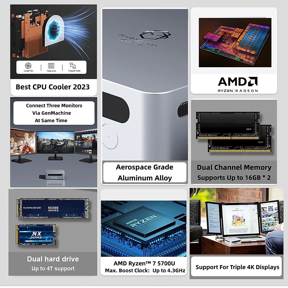 GenMachine Mini PC Windows 11, Mini PC Gaming, Small Desktop Computer, AMD Ryzen 7 5700U up to 4.3GHz, 16GB DDR4, 512GB SATA & M.2 NVMe for Office, Home, Design, Game use