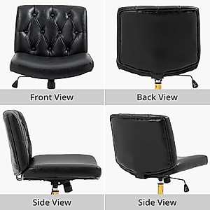 TURRIDU Home Office Armless Swivel Chair, Criss Cross Golden Legs No Wheels PU Leather Wide Seat Mid Back Aesthetic Chair for Living Room Bedroom Vanity Makeup Reading Computer Desk Task, Black