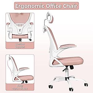 Dvenger Office Desk Chairs with Wheels and Flip up Arms Headrest, Executive Office Chairs Clearance, Height Adjustable Ergonomic Mesh Office Chair for Home Office, Pink