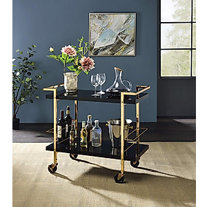 OSP Home Furnishings Alios Modern Serving Cart, Black Gloss Finish and Gold Frame