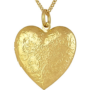 LIFETIME JEWELRY Antique Heart Locket Necklace That Holds Pictures 24k Gold Plated (Big Gold Locket with Chain)