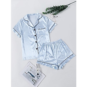 LYANER Women's Striped Silky Satin Pajamas Short Sleeve Top with Shorts Sleepwear PJ Set Light Blue Small