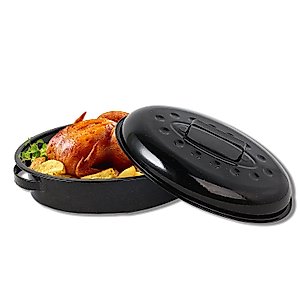Letschef Roasting Pan 11Lb 15.7 inch Oval Enamel Oven Roaster Pan with Lid for Turkey Chicken Cookware PFOA free
