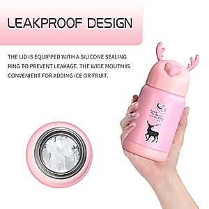 Kids Water Bottle-13 Oz Lunch Container Leak Proof Thermal Flask With Folding Spoon,Double Walled Thermos (Pink)