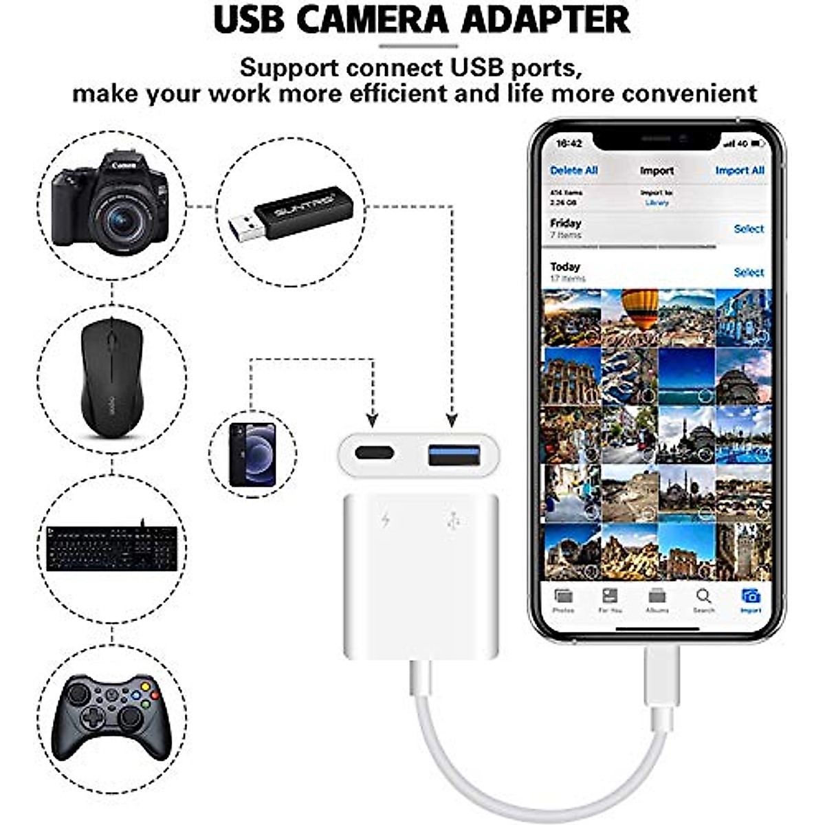 [Apple MFi Certified] Lightning to USB Camera Adapter for iPhone, USB OTG Adapter with Fast Charging Port Portable Compatible with iPhone/iPad/Card Reader/USB Flash Drive/Keyboard/Mouse Plug and Play