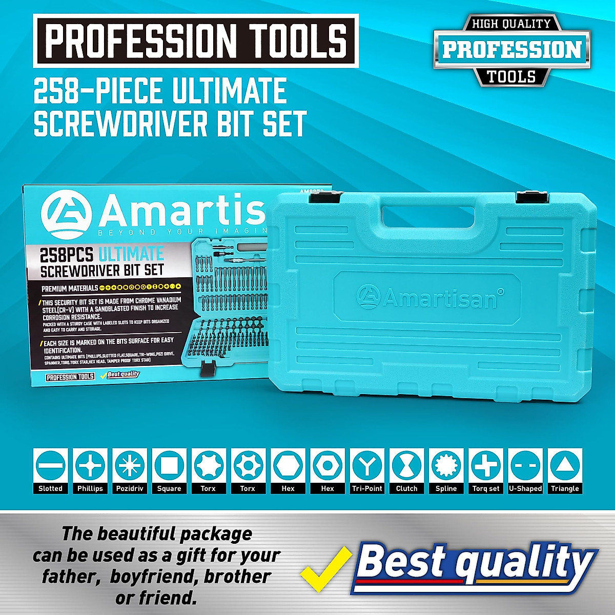 Amartisan 258-Piece Ultimate Screwdriver Bit Set, Chrome Vanadium Steel Driver Bit Set, Security bit set, Includes Bits Holder, Nut Driver, etc (Blue)