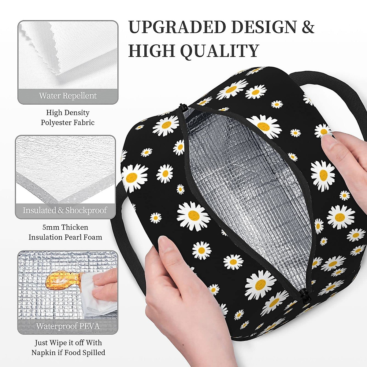 Mokigol Daisy Lunch Box Insulated Reusable Lunch Bag for Women/Men,Adult Thermal Tote Lunch Box, Portable Leakproof Cooler Bags for Work/School/Picnic/Travel/Beach