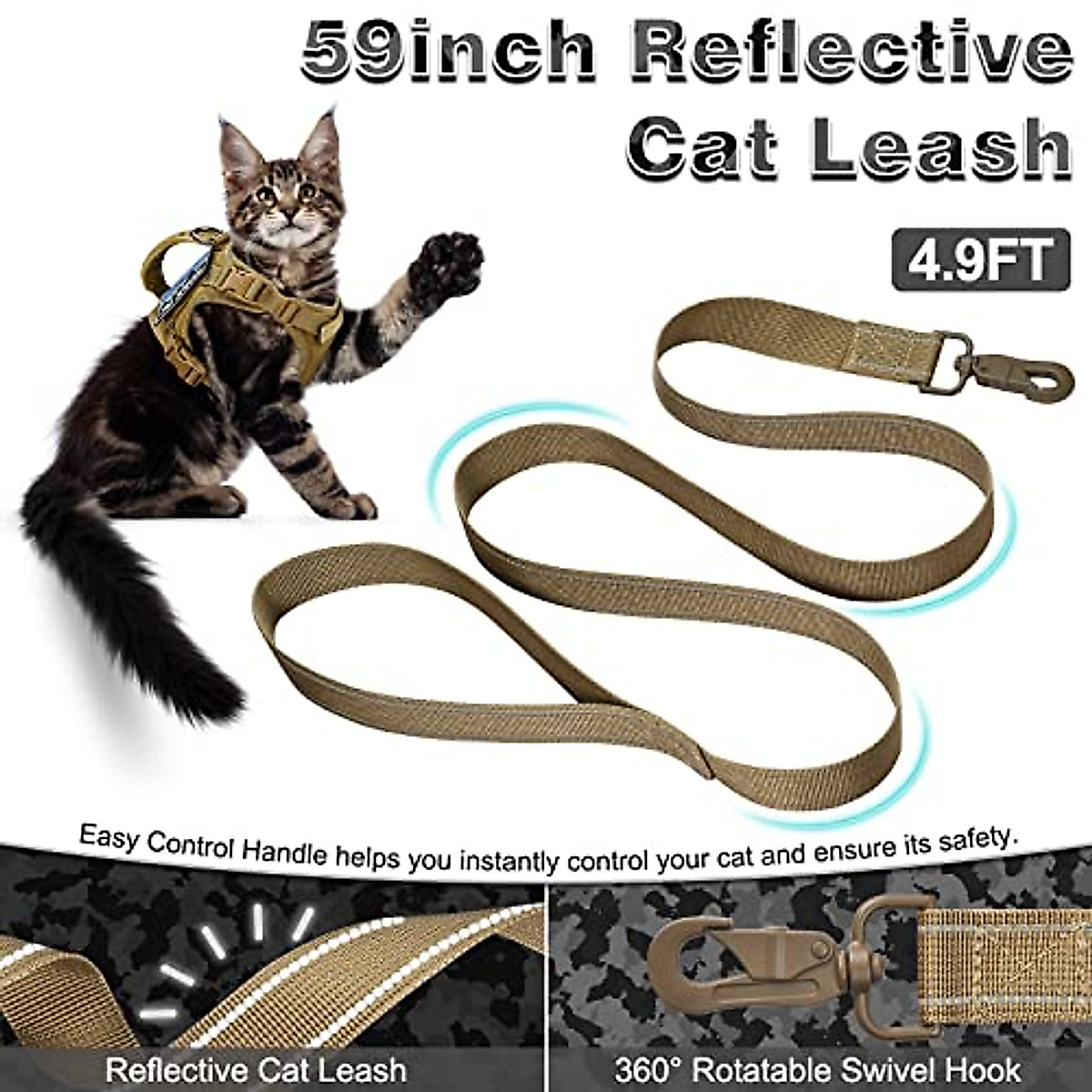 nanappice Tactical Cat Harness and Leash for Walking Esacpe Proof,Adjustable Soft Mesh Large Cat Vest with Rubber Handle Easy to Control,Molle Pathes