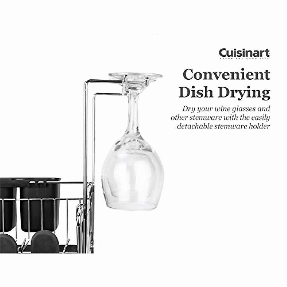 Cuisinart Stainless Steel Dish Drying Rack – Includes Wire Dish Drying Rack, Utensil Caddy, Draining Board, Stemware Holder, and Non-Slip Cup Holders, 14.4” x 12” x 6”- Stainless Steel/Black